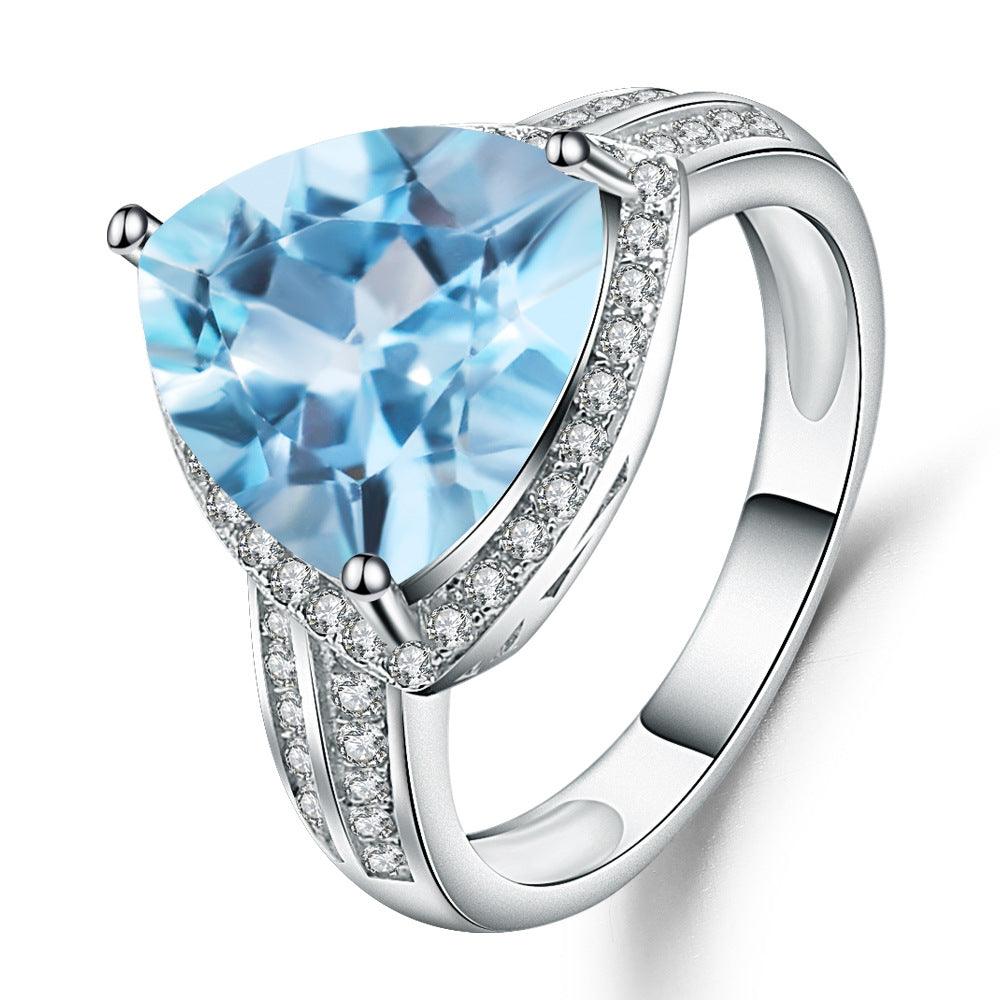 Triangular Surround Design Topaz Crystal Blue 925 Sterling Silver Ring